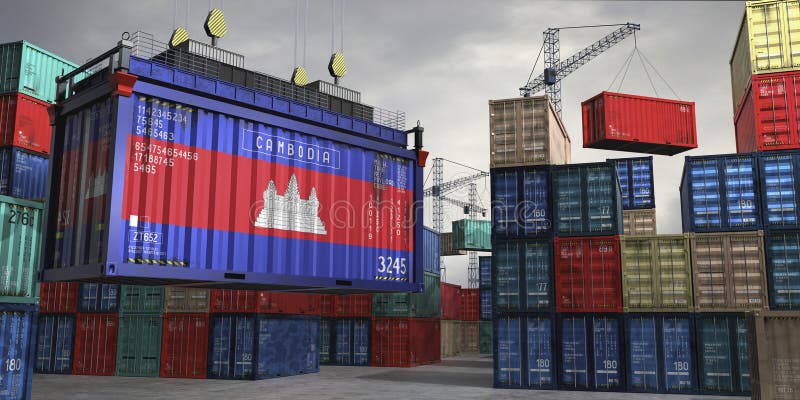 Cargo Container with Flag of Cambodia Lifted by Crane at Freight ...