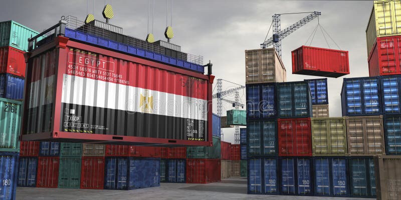 Cargo Container with Flag of Egypt Lifted by Crane at Freight Terminal ...