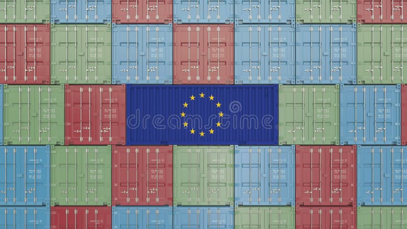 Cargo Container with Flag of EU. European Union Import or Export ...