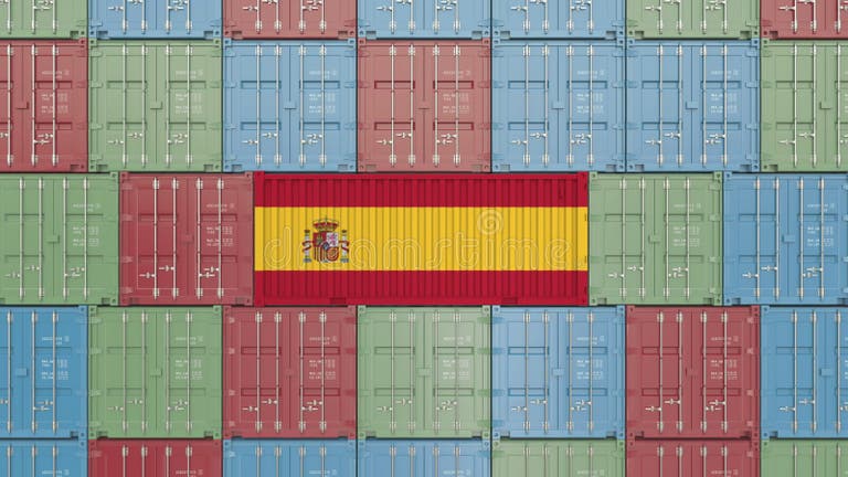 Cargo Container with Flag of Spain. Spanish Import or Export Related 3D ...