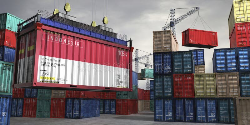 Cargo Container with Flag of Indonesia Lifted by Crane at Freight ...