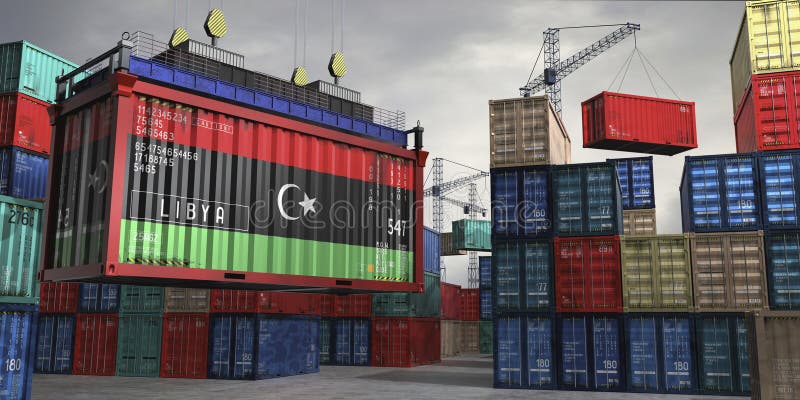 Cargo Container with Flag of Libya Lifted by Crane at Freight Terminal ...