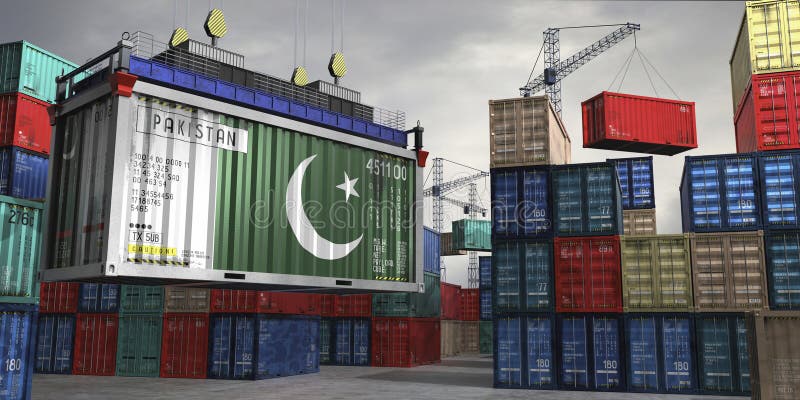 Cargo Container with Flag of Pakistan Lifted by Crane at Freight ...