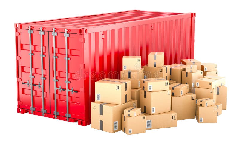 Cargo Container with Heap of Cardboard Boxes, Parcels. Cargo Shipping ...