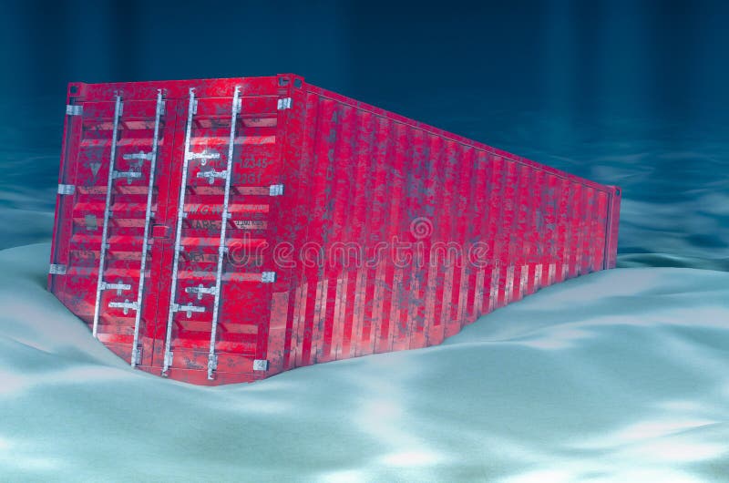 Cargo Container on Ocean Bottom Underwater, 3D Rendering Stock ...