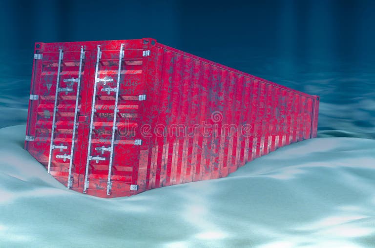 Cargo Container on Ocean Bottom Underwater, 3D Rendering Stock ...