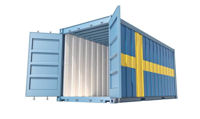 Cargo Container with Open Doors and Sweden National Flag Design. Stock ...