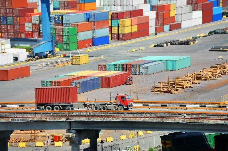 Cargo Container in Port and Truck Stock Photo - Image of port, industry ...