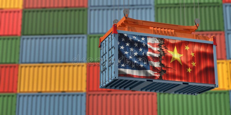 Cargo Container with Ripped USA and China Flag. Stock Illustration ...
