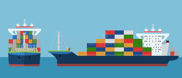 Cargo Container Ship with Front and Side View. Freight Transportation ...