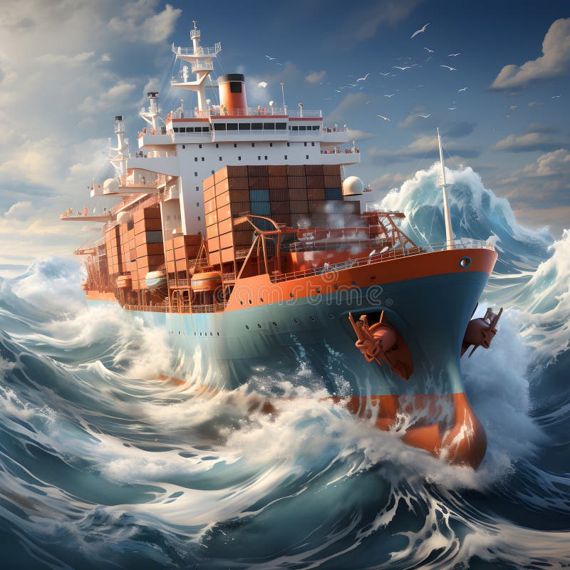Dynamic 2D Isometric Depiction of Cargo Ship in Midst of Stormy Sea ...