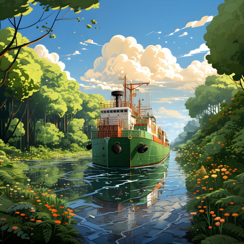 Intricate 2D Isometric Illustration of Cargo Ship Sailing through ...