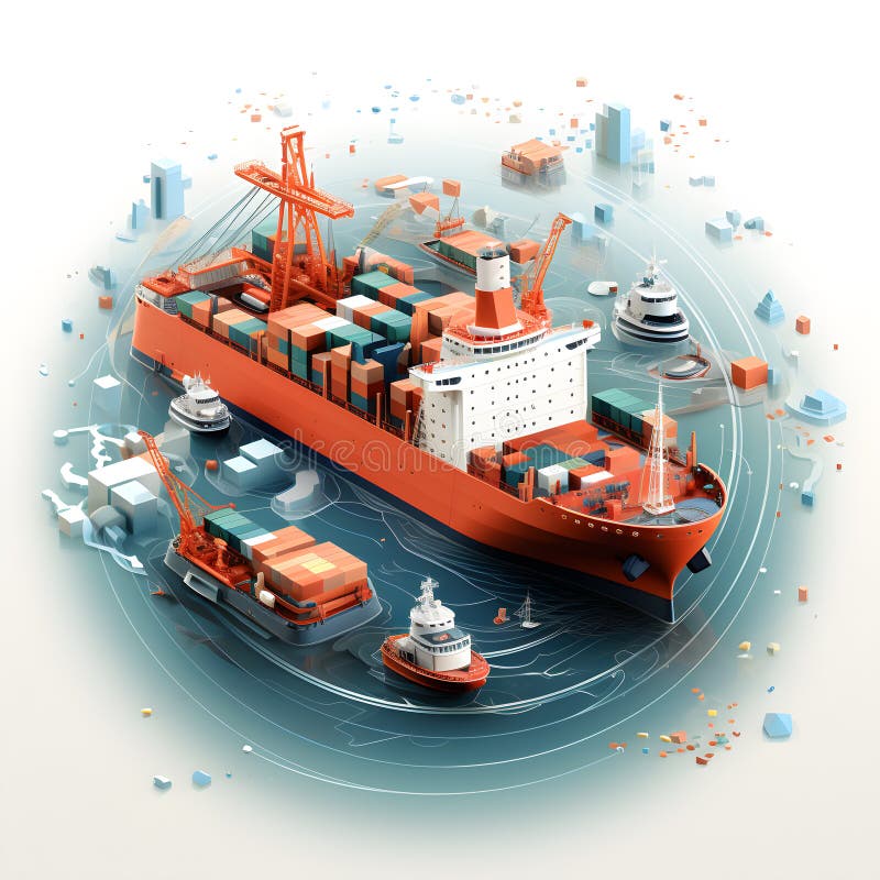 Isometric 2D Illustration of Eight Cargo Ships Forming Circular ...