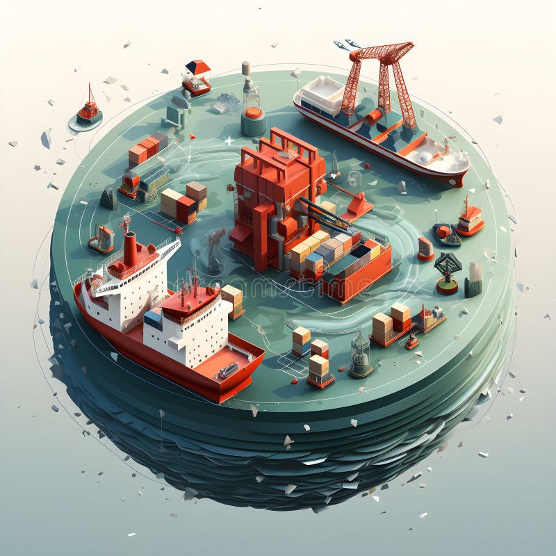 Isometric 2D Illustration of Eight Cargo Ships Forming Circular ...