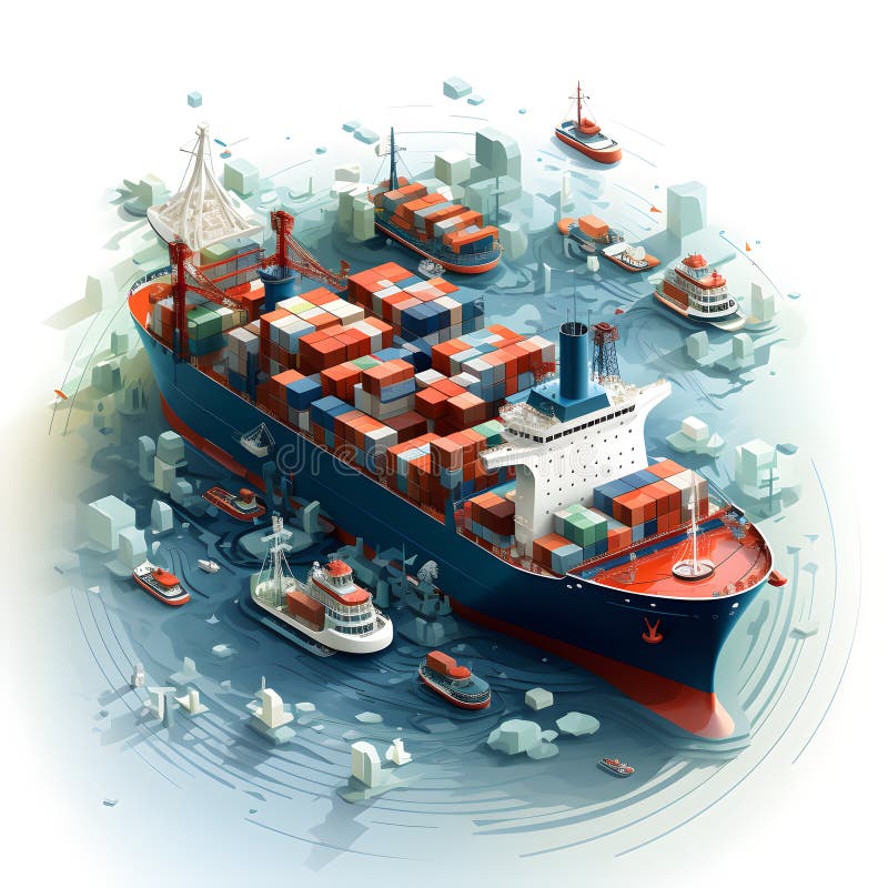 Isometric 2D Illustration of Eight Cargo Ships Forming Circular ...