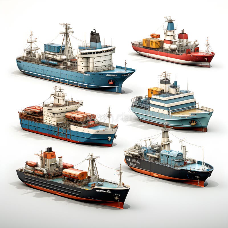 Isometric 2D Illustration of Eight Cargo Ships in Various Sizes and ...