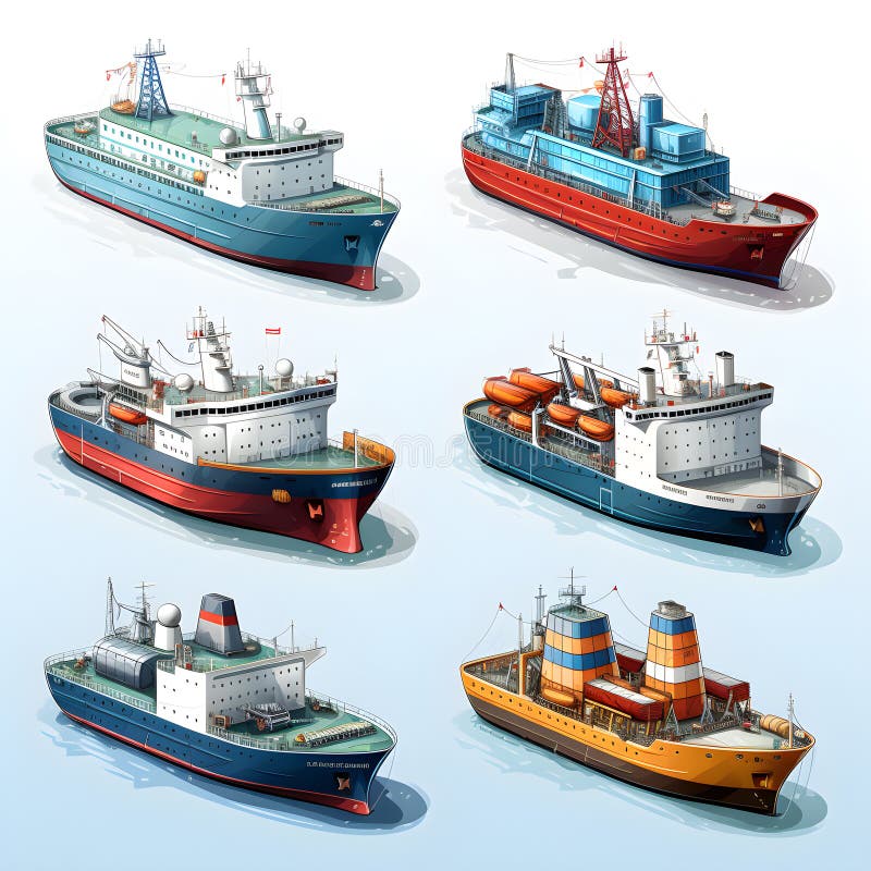 Isometric 2D Illustration of Eight Cargo Ships in Various Sizes and ...