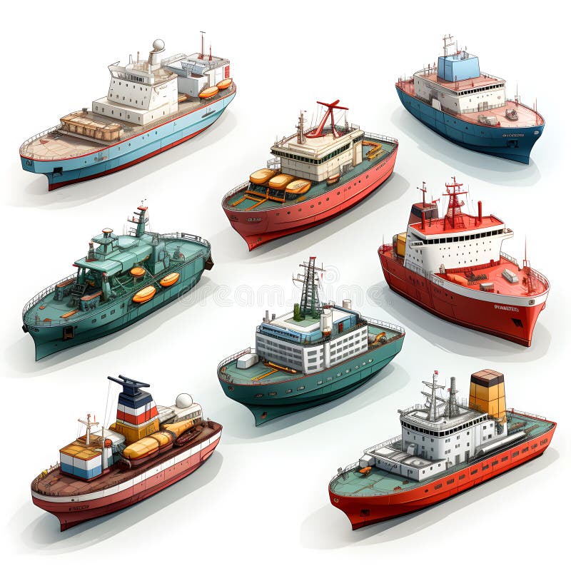 Isometric 2D Illustration of Eight Cargo Ships in Various Sizes and ...