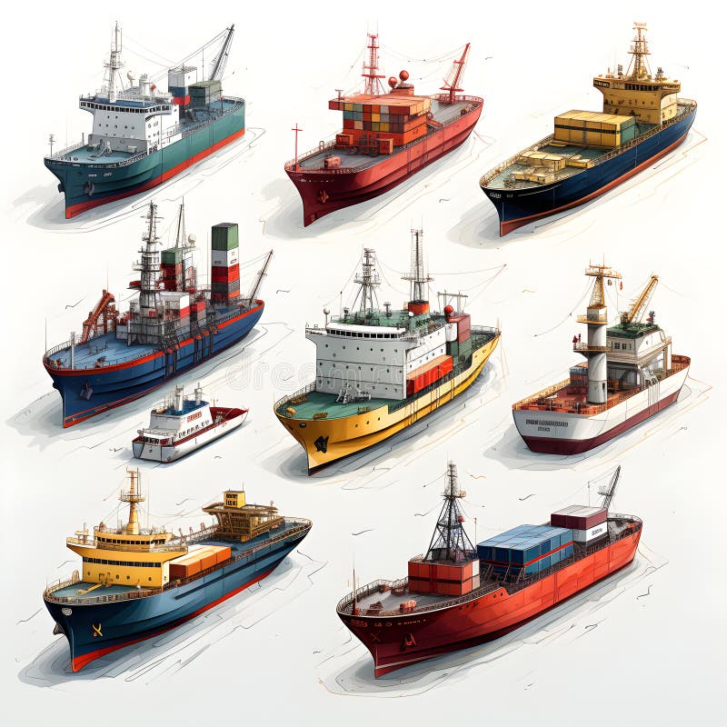 Minimalist 2D Isometric Depiction of Nine Cargo Ships, Each Represented ...