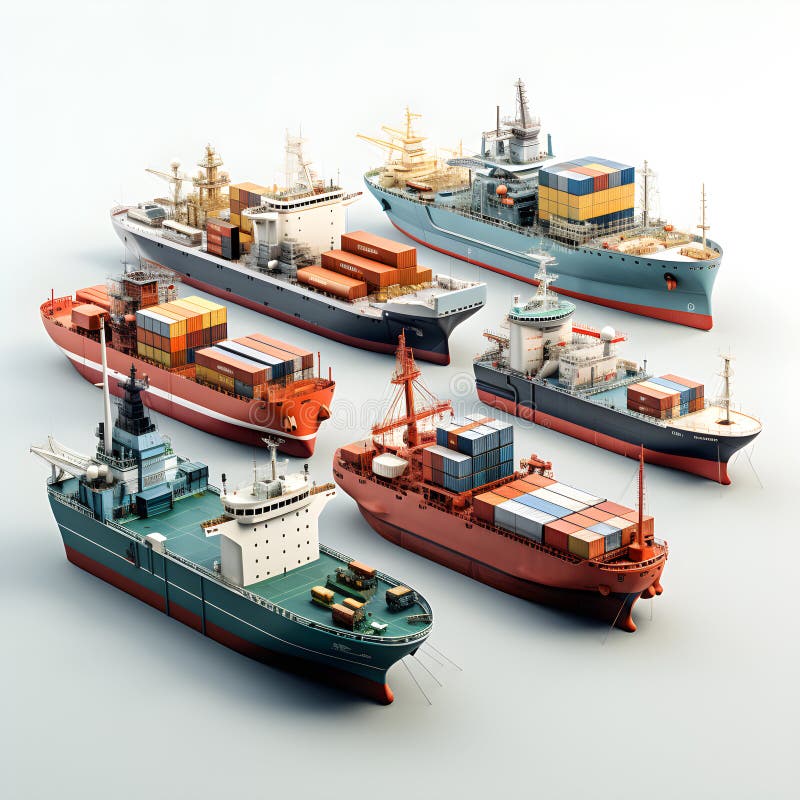 Minimalist 2D Isometric Depiction of Nine Cargo Ships, Each Represented ...