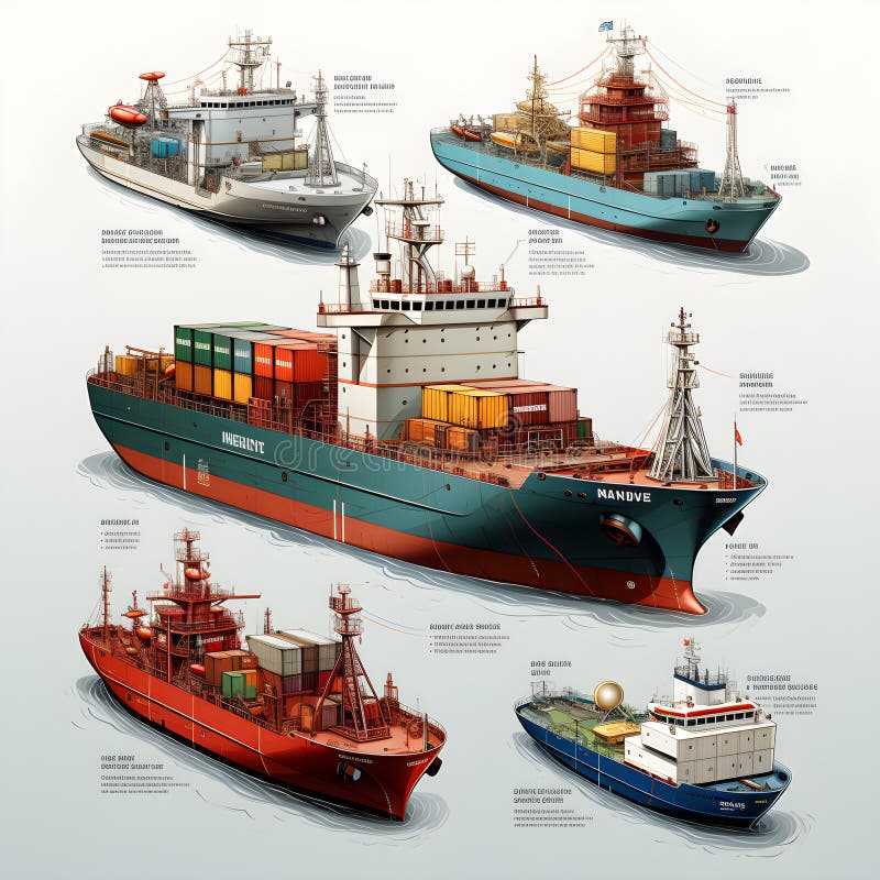 Orderly Arrangement of Nine Cargo Ships in Isometric View, Highlighting ...