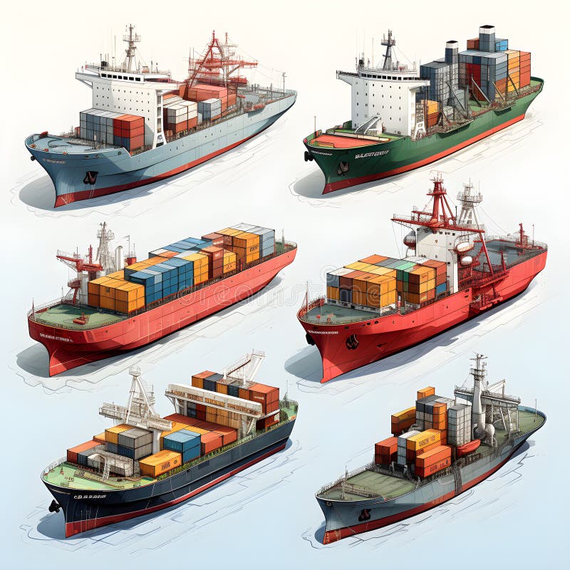 Orderly Arrangement of Nine Cargo Ships in Isometric View, Highlighting ...