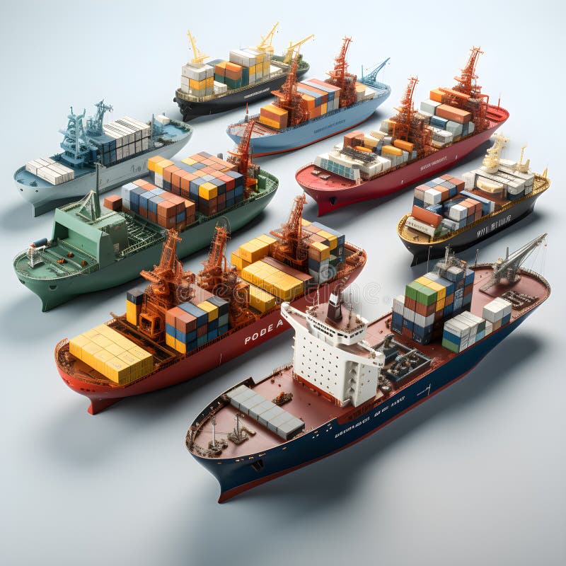 Orderly Arrangement of Nine Cargo Ships in Isometric View, Highlighting ...
