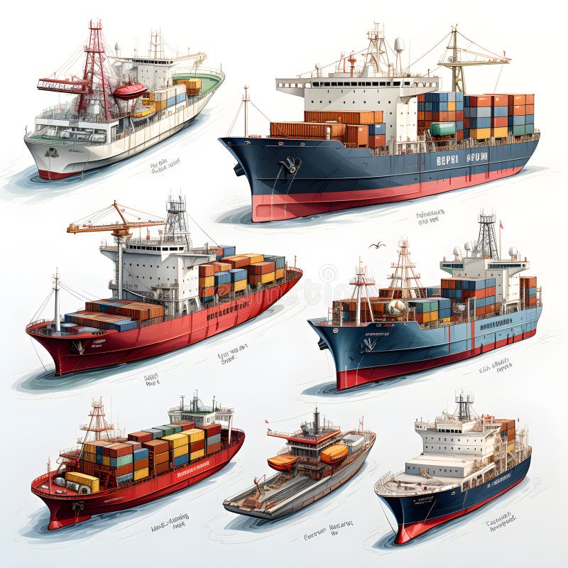 Orderly Arrangement of Nine Cargo Ships in Isometric View, Highlighting ...