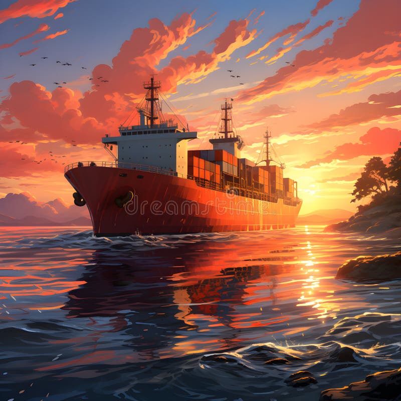 Peaceful 2D Isometric Scene of Cargo Ship Anchored in Tranquil Bay ...