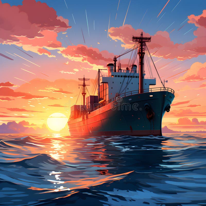 Peaceful 2D Isometric Scene of Cargo Ship Anchored in Tranquil Bay ...