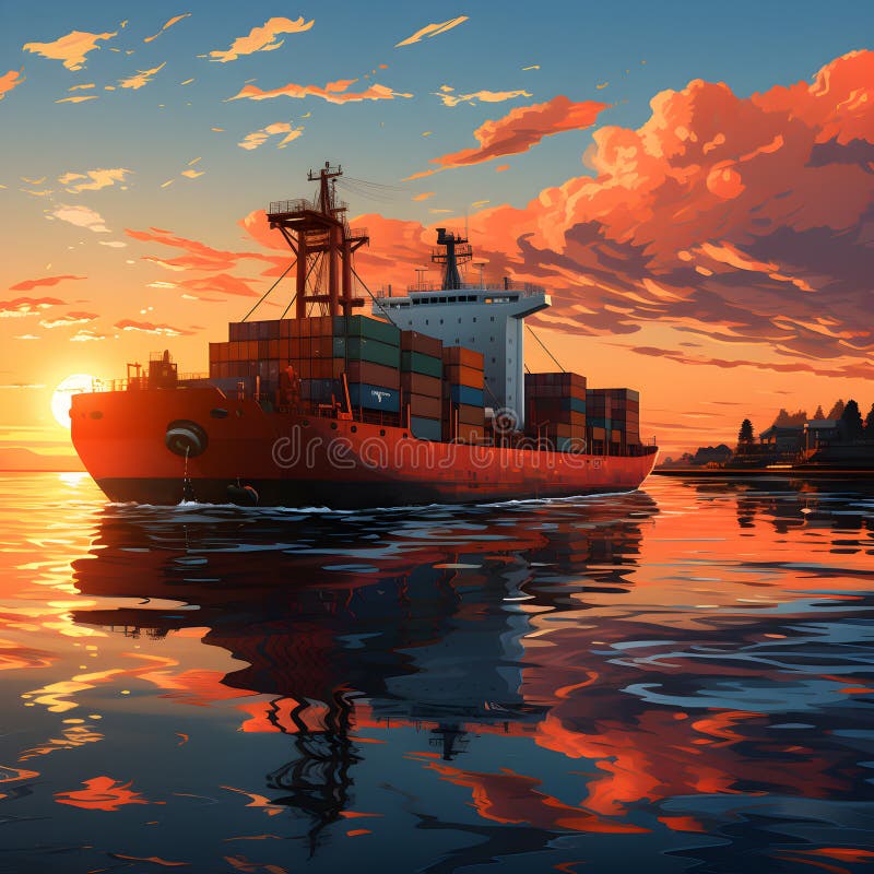 Peaceful 2D Isometric Scene of Cargo Ship Anchored in Tranquil Bay ...