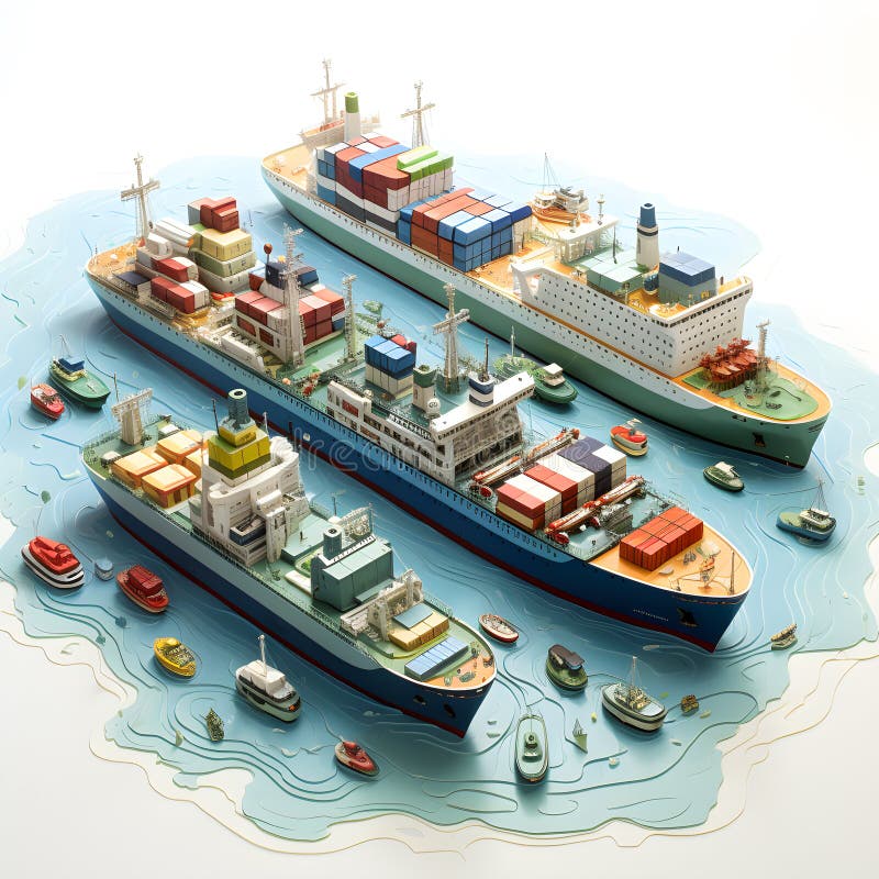 Playful 2D Isometric Representation of Eight Cargo Ships, Each with ...