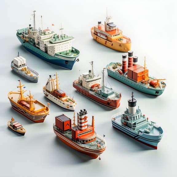 Playful 2D Isometric Representation of Eight Cargo Ships, Each with ...