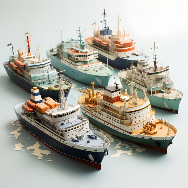 Playful 2D Isometric Representation of Eight Cargo Ships, Each with ...