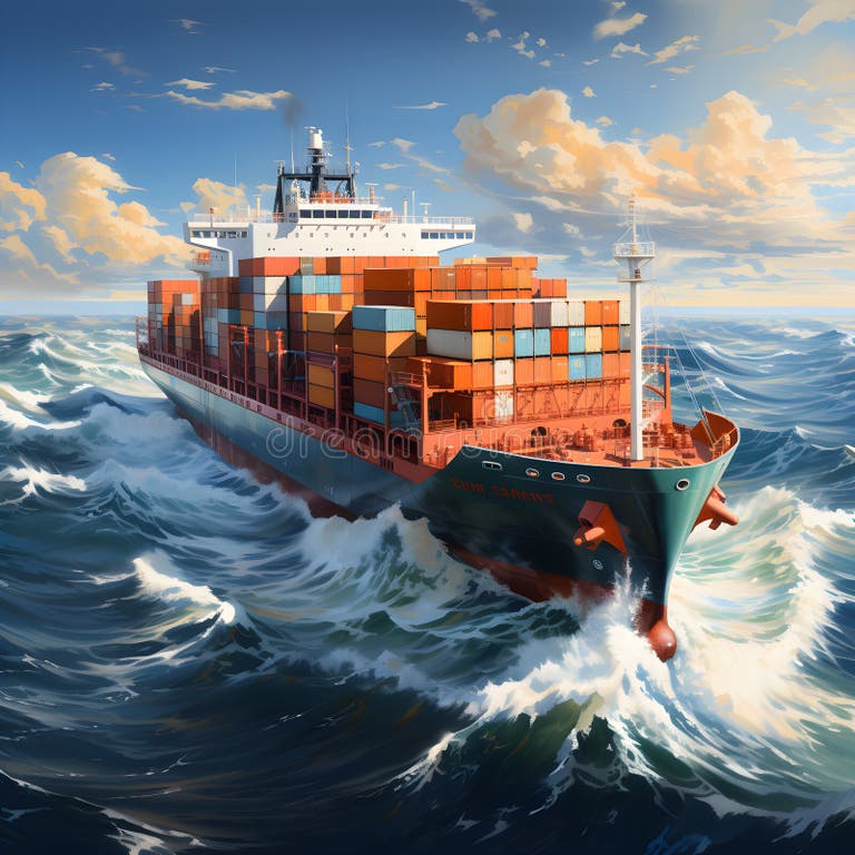 Vibrant 2D Illustration of Isometric Cargo Ship Sailing Across Open Sea ...