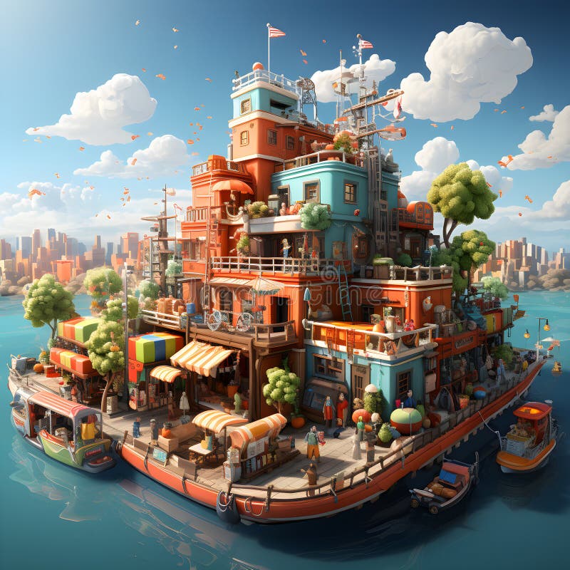 Whimsical 2D Isometric Depiction of Cargo Ship Transformed into ...