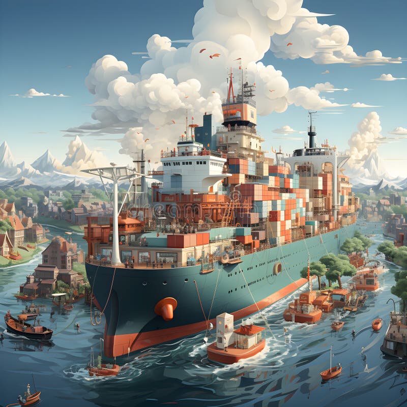 Whimsical 2D Isometric Illustration of Cargo Ship Transformed into ...