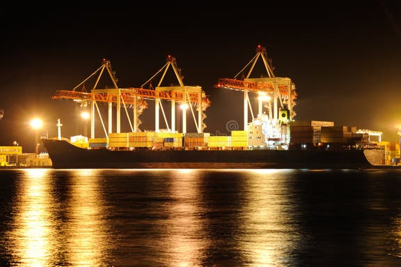 Cargo Container Ship at Night Stock Image - Image of panorama, cargo ...