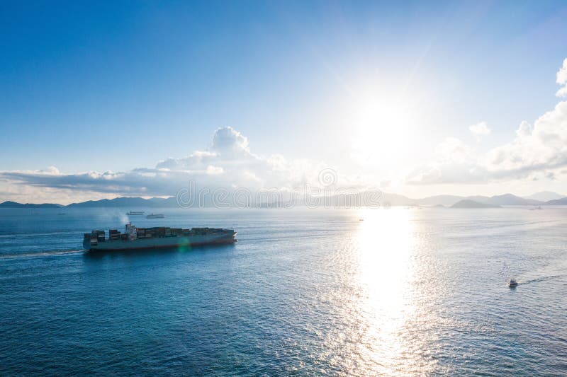 Cargo Container Ship on Ocean, Sunset Stock Image - Image of global ...