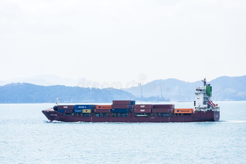 Cargo Container Ship Sailing Along of South Korean Coast on Her Way Out ...