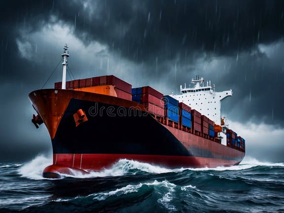 Cargo Container Ship Sailing in the Ocean in the Rain Stock ...