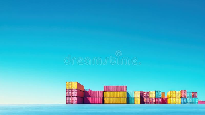 Cargo Container Ship Stack Pile Against Blue Sky Background in ...