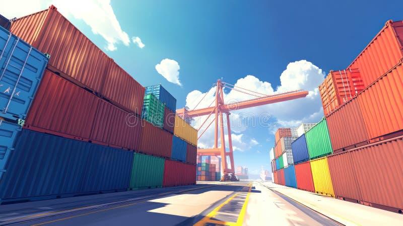 Cargo Container Ship Stack Pile Against Blue Sky Background in ...