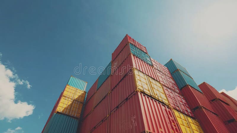 Cargo Container Ship Stack Pile Against Blue Sky Background in ...