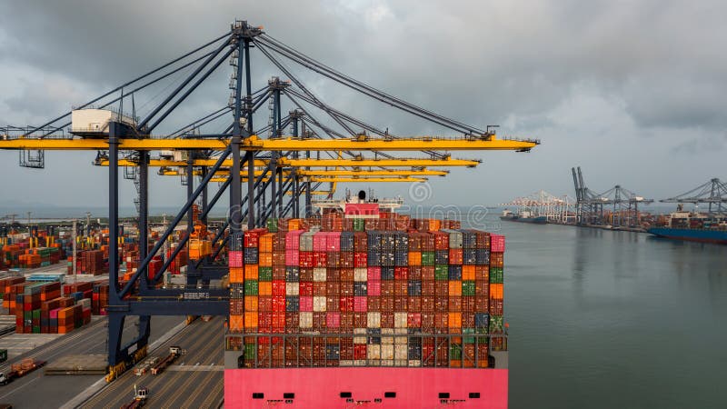 Cargo Container Ship at Terminal Sea Port during Stormy Weather and ...