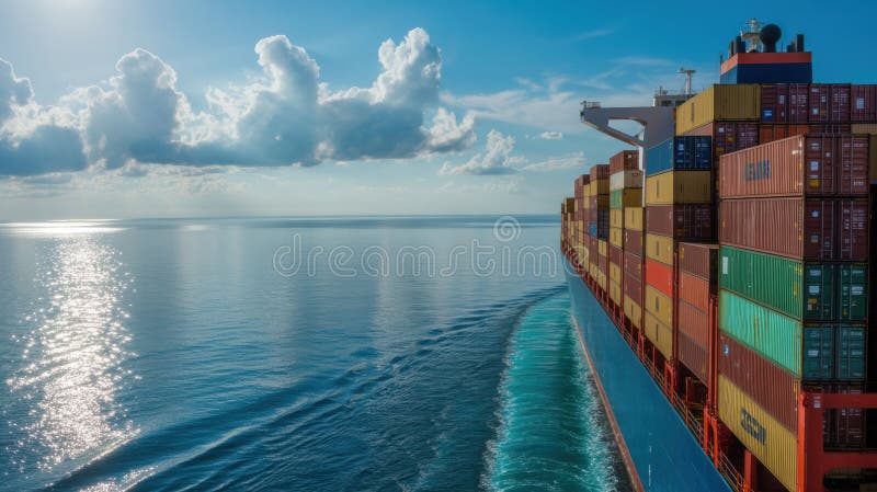 Cargo Container Ship on Tranquil Ocean with Colorful Deck Stock ...