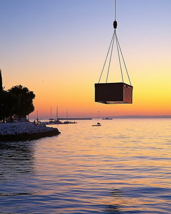 A Cargo Container Suspended by Chains Over a Tranquil Harbor at Sunset ...
