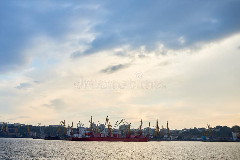 Cargo Container Terminal of Sea Freight Industrial Port. Lifting Cargo ...