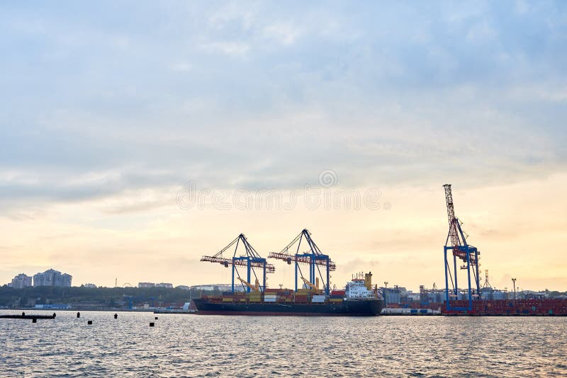 Cargo Container Terminal of Sea Freight Industrial Port. Lifting Cargo ...