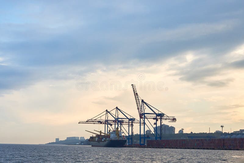 Cargo Container Terminal of Sea Freight Industrial Port. Lifting Cargo ...